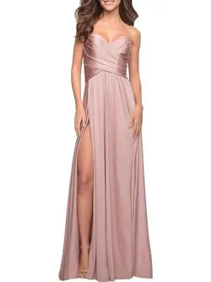 LABOMME La Femme Strapless Jersey Gown With Slit Mauve