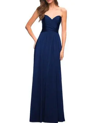 La Femme Strapless Jersey Gown With Slit - Navy