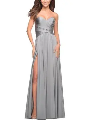 LABOMME La Femme Strapless Jersey Gown With Slit Silver