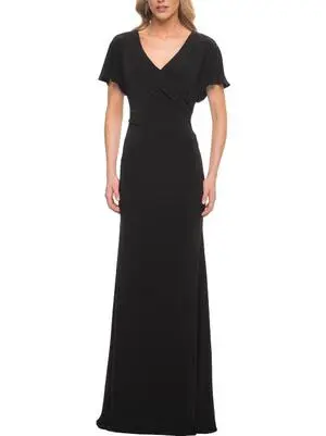 La Femme Jersey Gown With V-neck And Loose Sleeves - Black