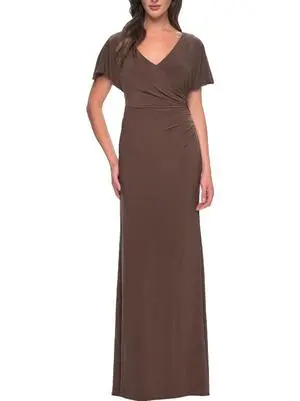 La Femme Jersey Gown With V-neck And Loose Sleeves - Cocoa
