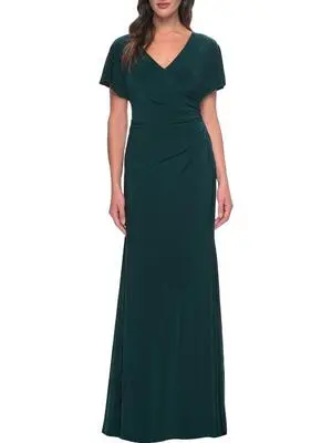 La Femme Jersey Gown With V-neck And Loose Sleeves - Hunter Green