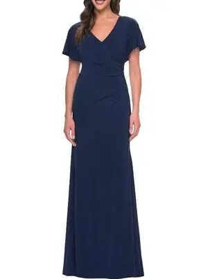 La Femme Jersey Gown With V-neck And Loose Sleeves - Navy