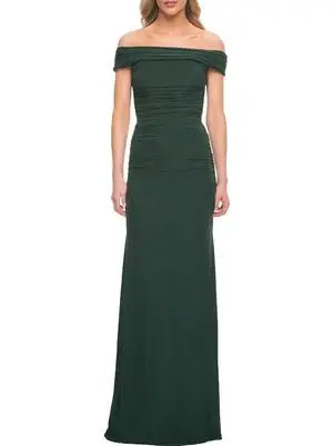La Femme Ruched Off-the-shoulder Evening Gown - Emerald