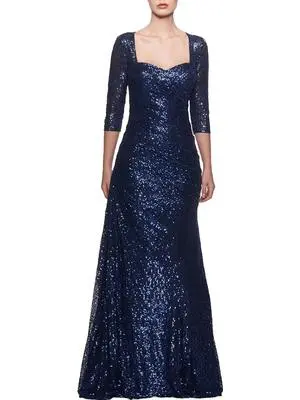 La Femme La Femme Floor Length Sequin Gown Navy