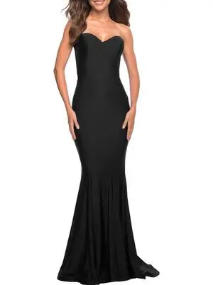 La Femme Jersey Gown With Sweetheart Neckline - Black