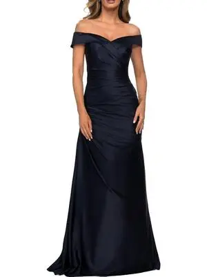 La Femme Off-the-shoulder Satin Evening Gown - Navy