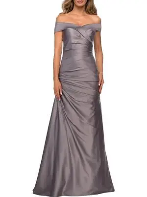 La Femme La Femme Off-the-Shoulder Satin Evening Gown Platinum