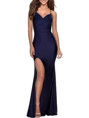 La Femme Form Fitting Jersey Prom Dress With Draped Neckline - Navy