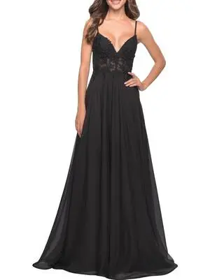 La Femme A-line Gown With Embellished Bodice - Black