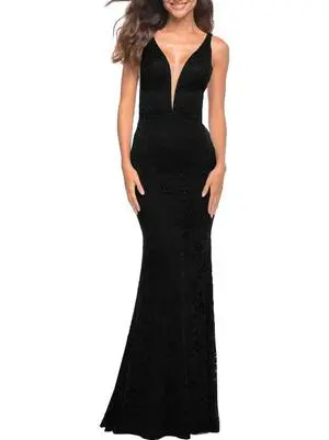 La Femme Stretch Lace Gown With Deep V Neckline - Black