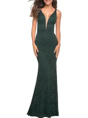 La Femme Stretch Lace Gown With Deep V Neckline - Dark Emerald