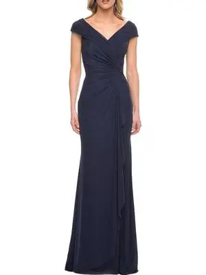 La Femme Net Jersey Long Gown - Navy