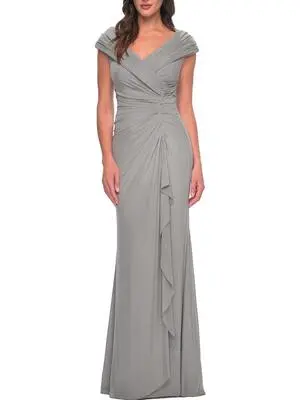 La Femme Net Jersey Long Gown - Silver
