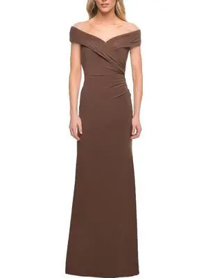 La Femme Off The Shoulder Jersey Dress With Ruching - Cocoa