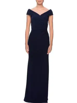 La Femme Off The Shoulder Jersey Dress - Navy