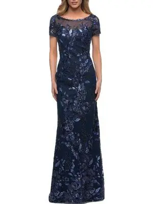 La Femme Long Beaded Floral Gown - Navy