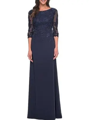 La Femme Jersey Gown With Lace Bodice - Navy