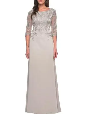La Femme Jersey Gown With Lace Bodice - Silver