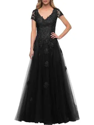 La Femme Tulle A-line Gown With Lace Applique - Black