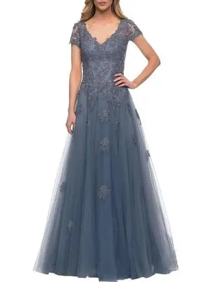 La Femme Tulle A-line Gown With Lace Applique - Slate