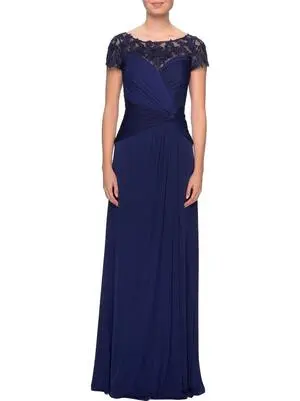 La Femme Jersey Gown With Floral Neckline - Navy