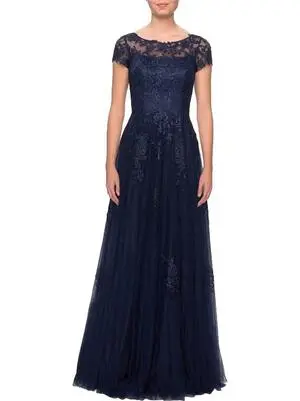 La Femme Beaded Lace Rhinestone A-line Gown - Navy