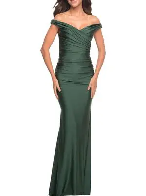 La Femme Off-the-shoulder Ruched Gown - Dark Emerald