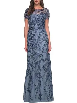 La Femme Floral Beaded Evening Dress - Slate