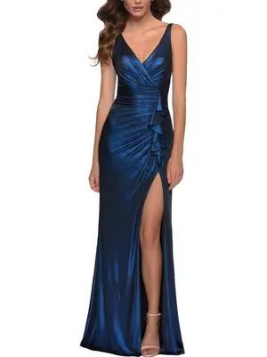 La Femme Metallic Jersey Gown With Ruffle Detail - Navy