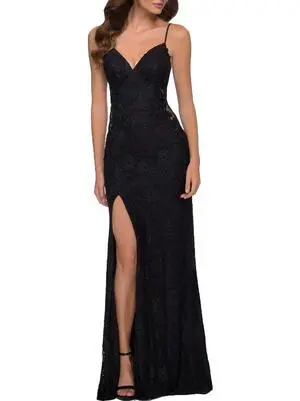 La Femme Lace Gown With Sheer Sides And Open Back - Black
