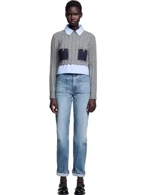 Sandro Cropped Wool And Cashmere Sweater With Shirt Panels - Grey