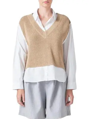 GREY LAB Layered Look Sweater With Shirt - Tan/white