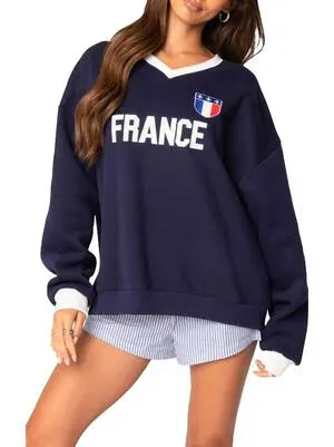 EDIKTED France Oversized V-neck Sweatshirt - Navy