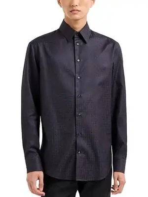 Emporio Armani Cotton Shirt With Allover Micro Jacquard Motif Blue Navy