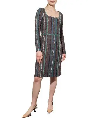 Ming Wang Multistitch Fringe-trim Knit A-line Dress - Forest Multi