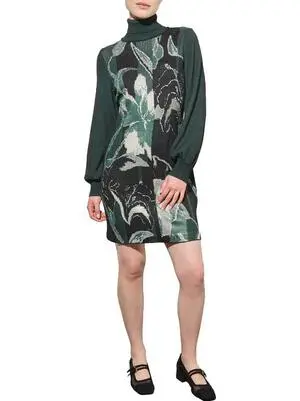 Ming Wang Botanical Jacquard Knit Sweater Dress - Black/ Forest