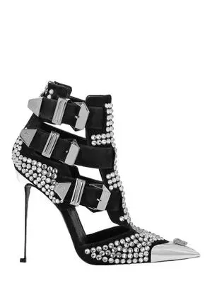 Philipp Plein Suede Embellished Skull High Heel Sandals - Silver
