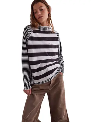Free People Striped Cotton Tee - Black And White Combo