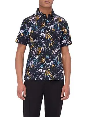 Bugatchi Hendrix Digital Leaf Print Pima Cotton Polo - Black