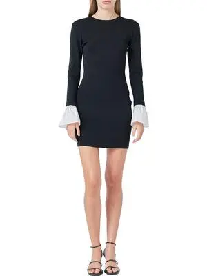 Endless Rose Contrast Cuff Mini Sweater Dress - Black