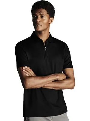 CHARLES TYRWHITT Plain Short Sleeve Zip Jersey Polo - Black