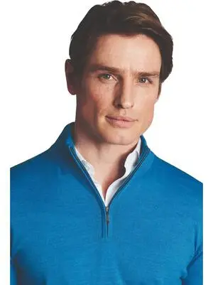 CHARLES TYRWHITT Pure Merino Zip Neck Sweater - Bright Blue