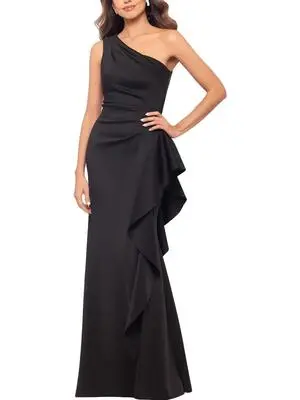 XSCAPE EVENINGS One-shoulder Ruffle Scuba Crepe Gown - Black