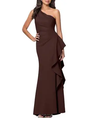XSCAPE EVENINGS One-shoulder Ruffle Scuba Crepe Gown - Brown