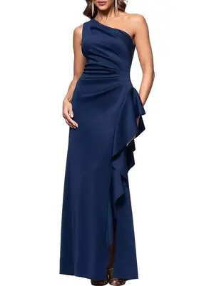 XSCAPE EVENINGS One-shoulder Ruffle Scuba Crepe Gown - Midnight