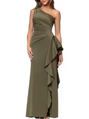 XSCAPE EVENINGS One-shoulder Ruffle Scuba Crepe Gown - Olive