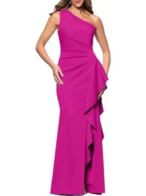 XSCAPE EVENINGS One-shoulder Ruffle Scuba Crepe Gown - Orchid