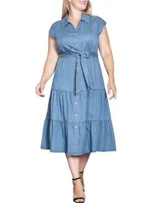 STANDARDS & PRACTICES Tiered Denim Midi Shirt Dress - Blue Rinse