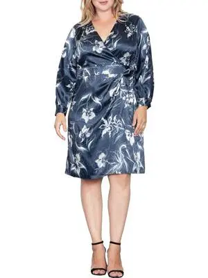 STANDARDS & PRACTICES Floral Print Faux Wrap Satin Dress - Navy Orchid